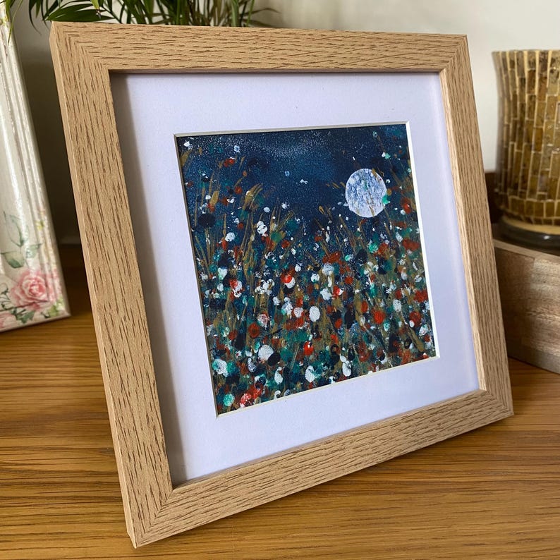 Abstract Moon and Floral Landscape Art, Original Acrylic, in Oak Frame ...
