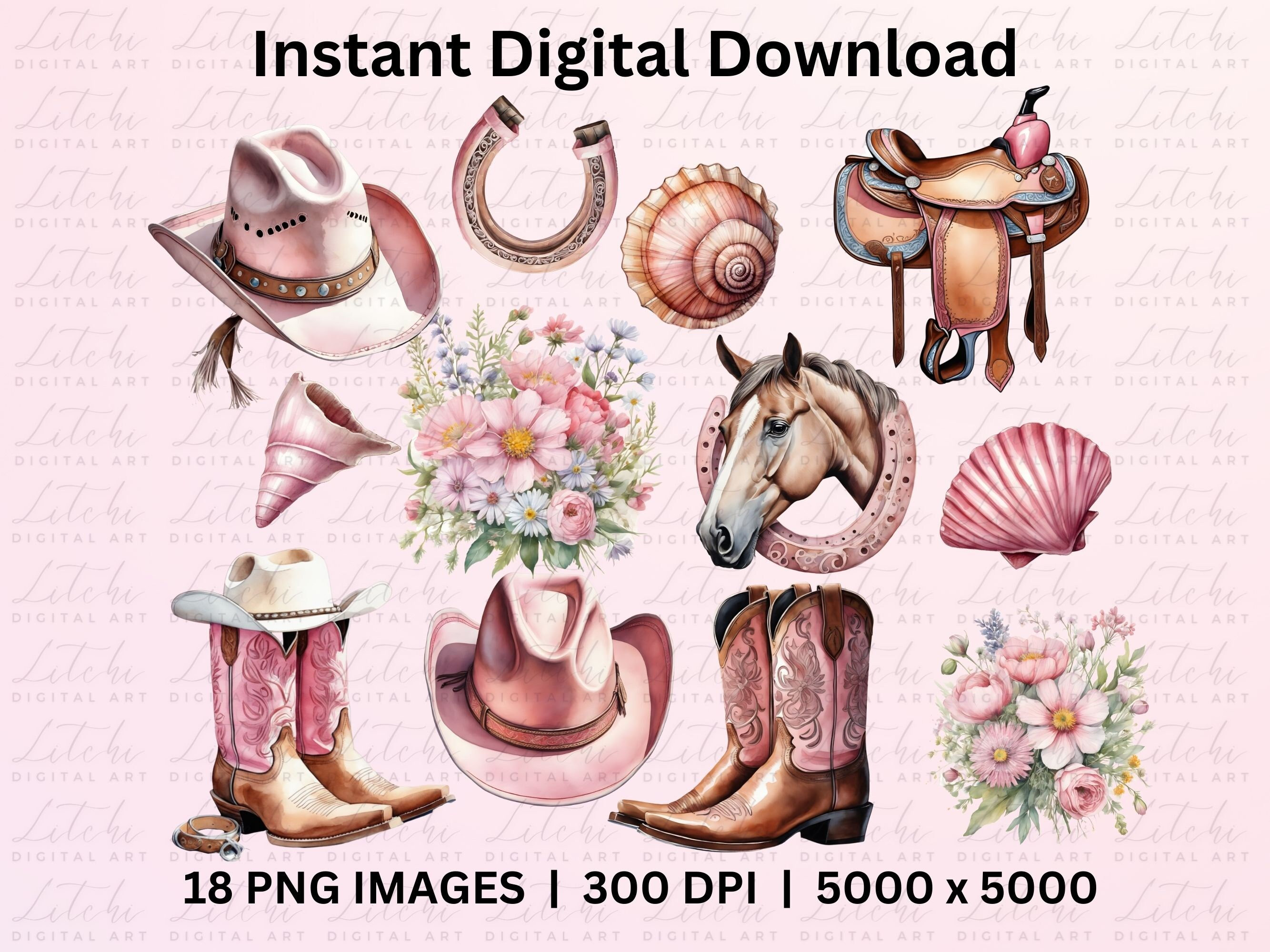 Coastal Cowgirl Clip Art Bundle, Watercolor, Pastel Pink Cowgirl Boots ...
