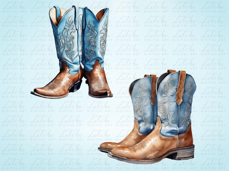 Blue Cowboy Clip Art Bundle, Watercolor, Pastel Blue Cowboy Boots ...