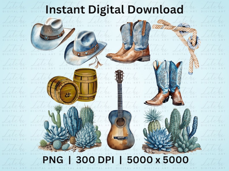 Blue Cowboy Clip Art Bundle, Watercolor, Pastel Blue Cowboy Boots ...
