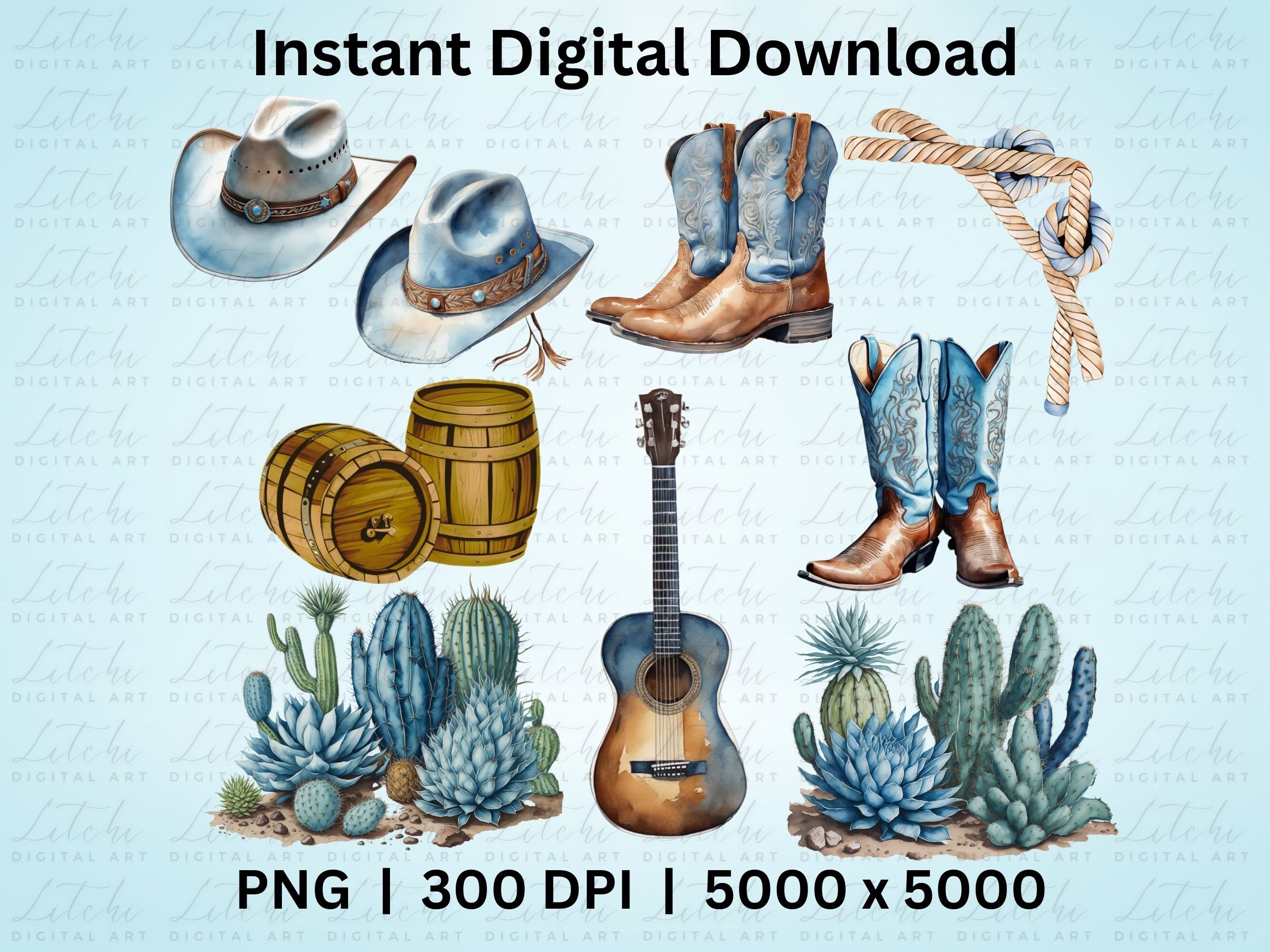 Blue Cowboy Clip Art Bundle, Watercolor, Pastel Blue Cowboy Boots ...
