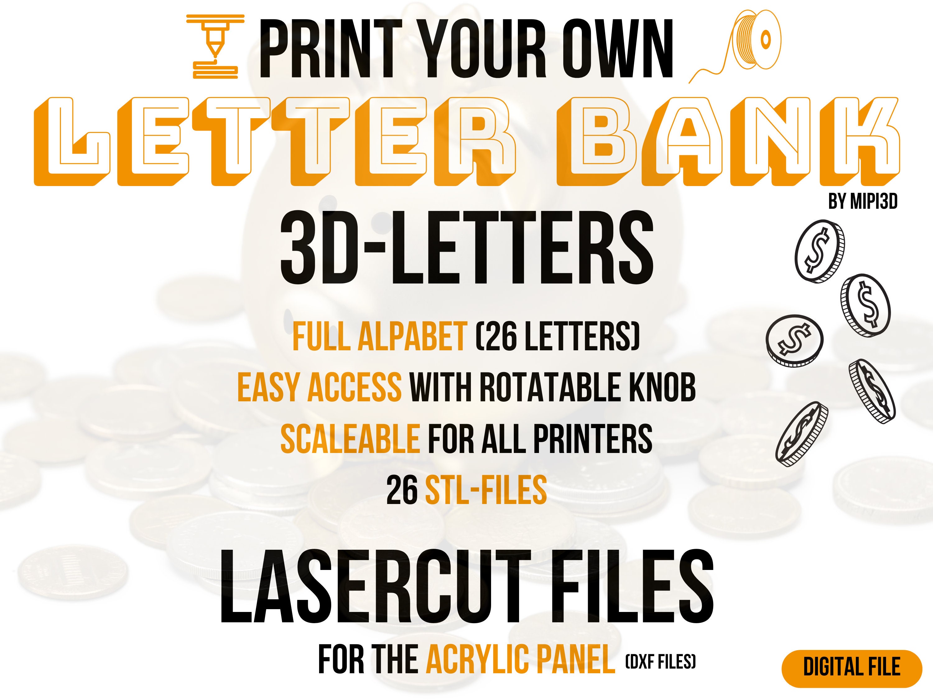 3d-printable Alphabet Piggy Banks: DIY, Symbols, Free Covers, Acrylic ...