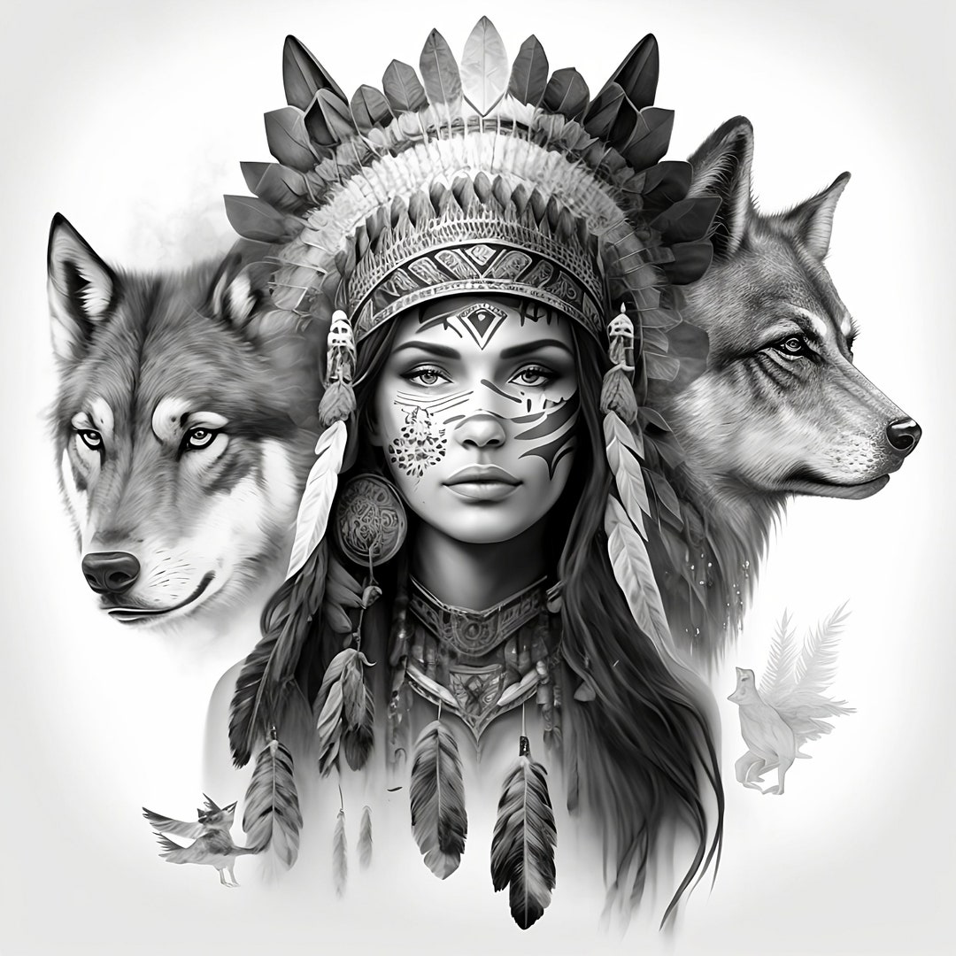 Native American Girl and Wolf Tattoo Design White Background PNG File ...