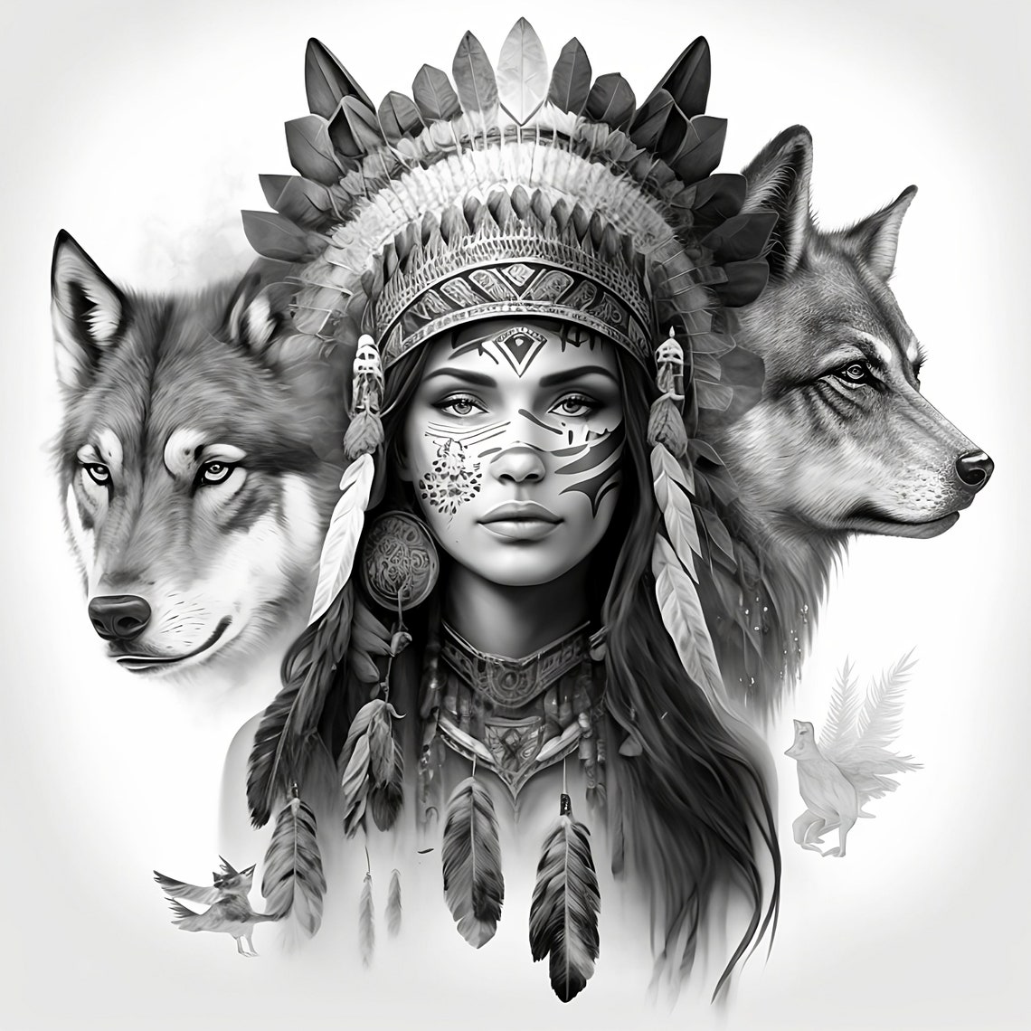 Native American Girl and Wolf Tattoo Design White Background PNG File ...
