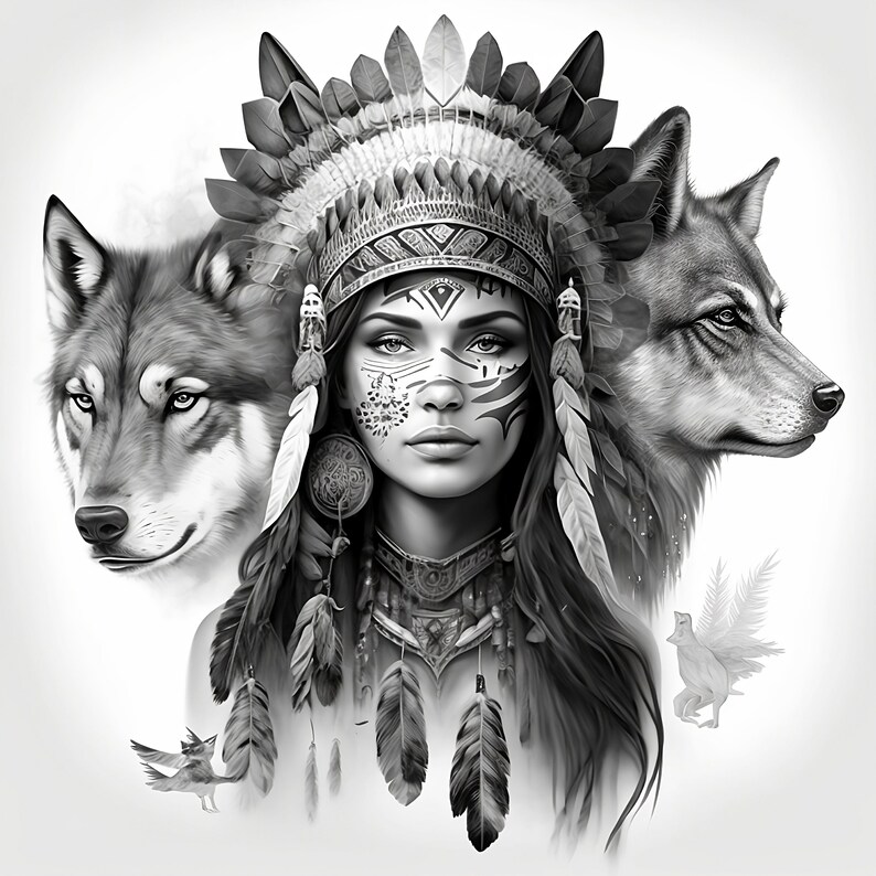 Native American Girl and Wolf Tattoo Design White Background PNG File ...