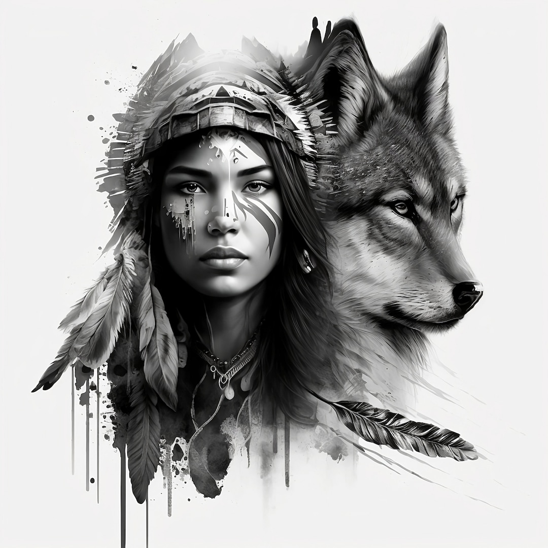 Native American Girl and Wolf Tattoo Design White Background PNG File ...