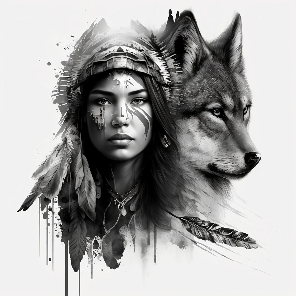 Native American Girl and Wolf Tattoo Design White Background PNG File ...