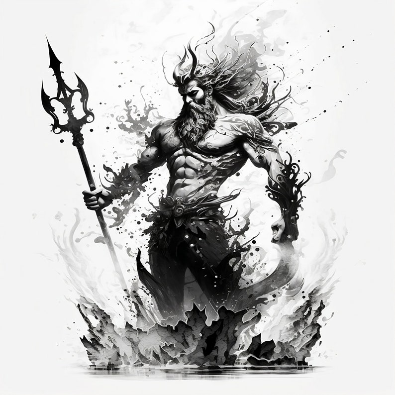Poseidon God of the Sea Tattoo Design White Background PNG File ...