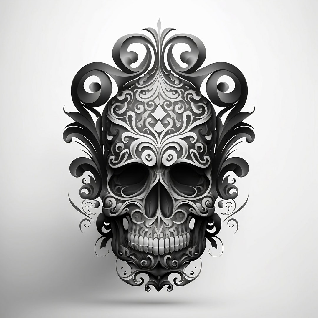 Ornamental Skull Tattoo Design White Background PNG File Download High ...