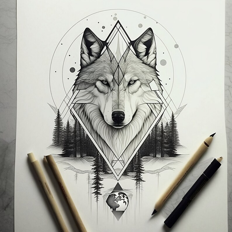 Geometric Wolf Tattoo Design White Background PNG File Download High Resolution - Etsy