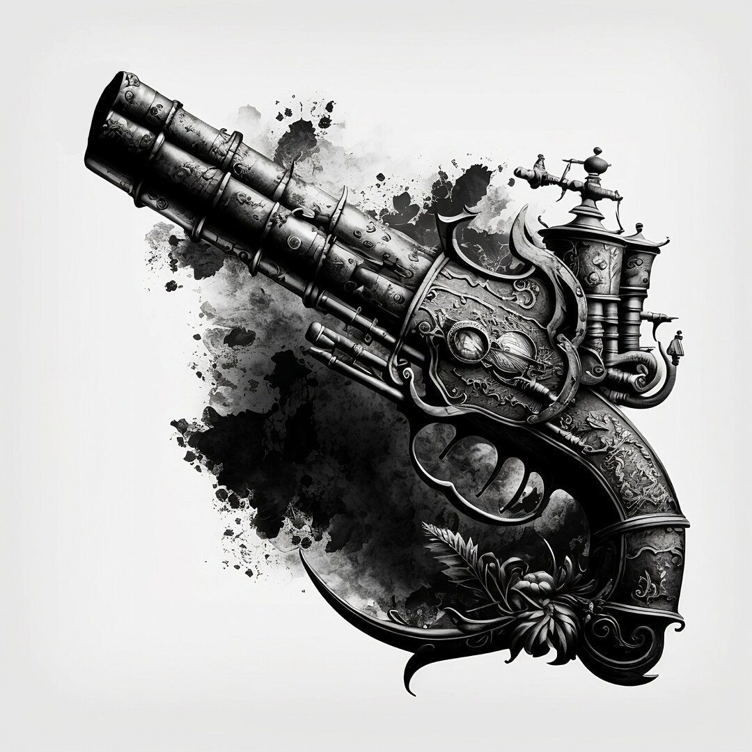 Old Pirate Gun Tattoo Design White Background PNG File Download High ...