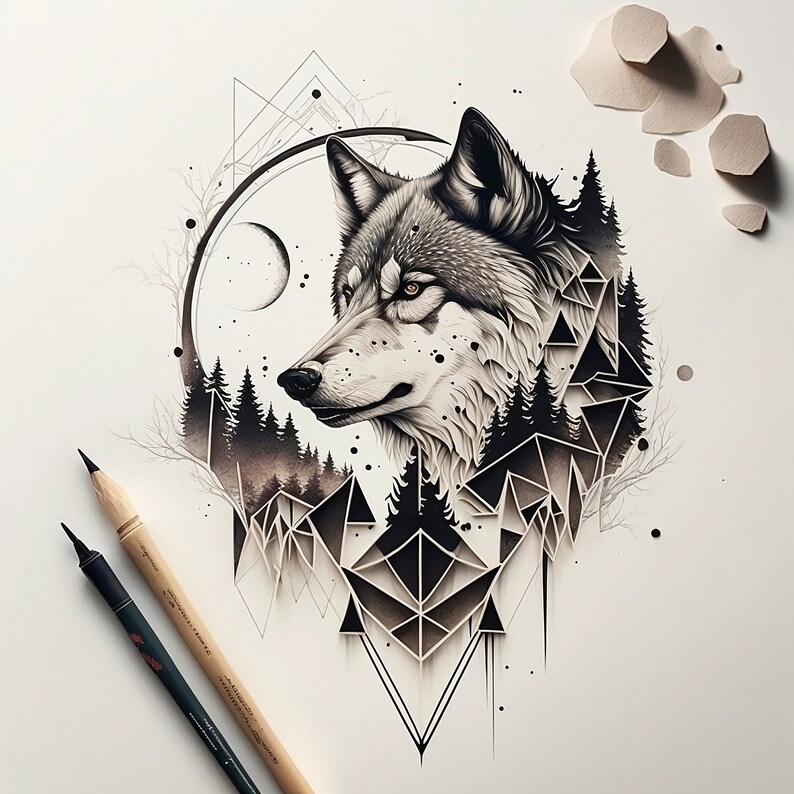 Geometric Wolf Tattoo Design White Background PNG File Download High ...