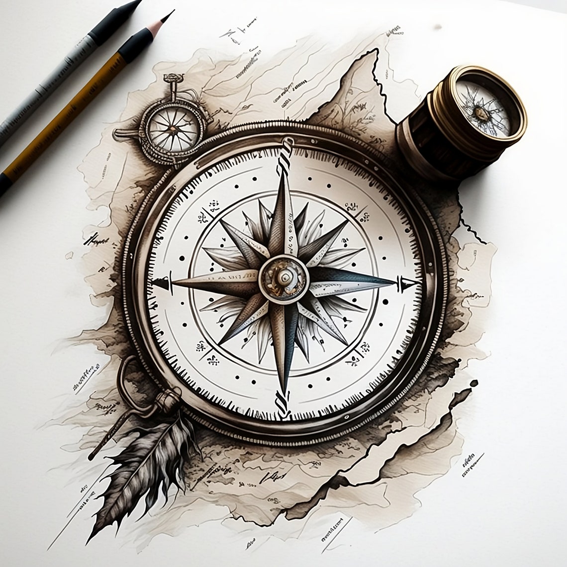 Compass Tattoo Design White Background PNG File Download High ...