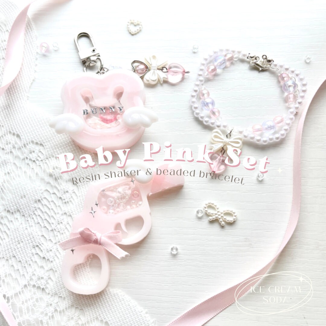 Cute Kawaii Baby Pink Resin Shaker & Beaded Bracelet Set ( Handmade ...