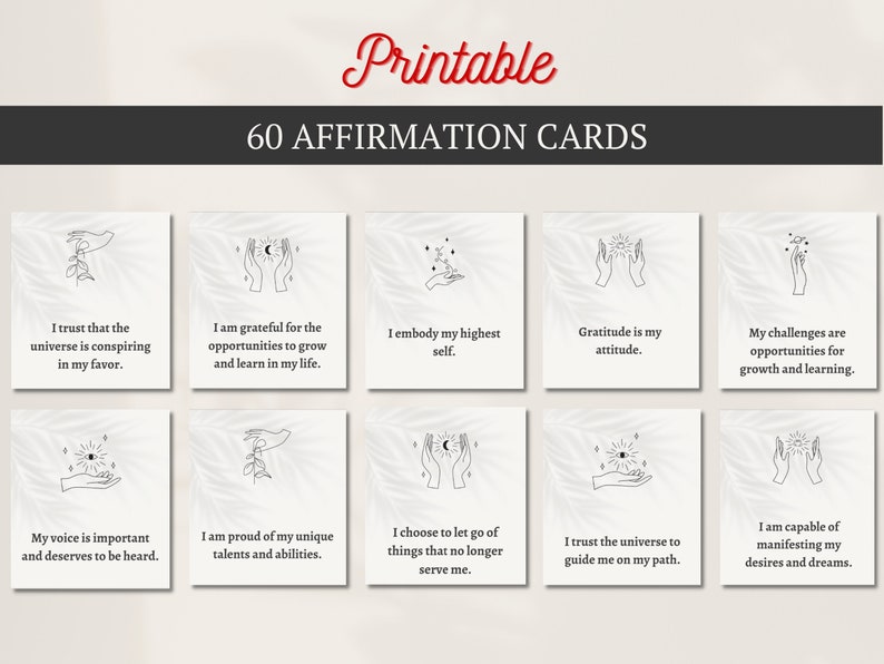60 Positive Affirmation Cards, Positive Affirmations, Printable Cards ...