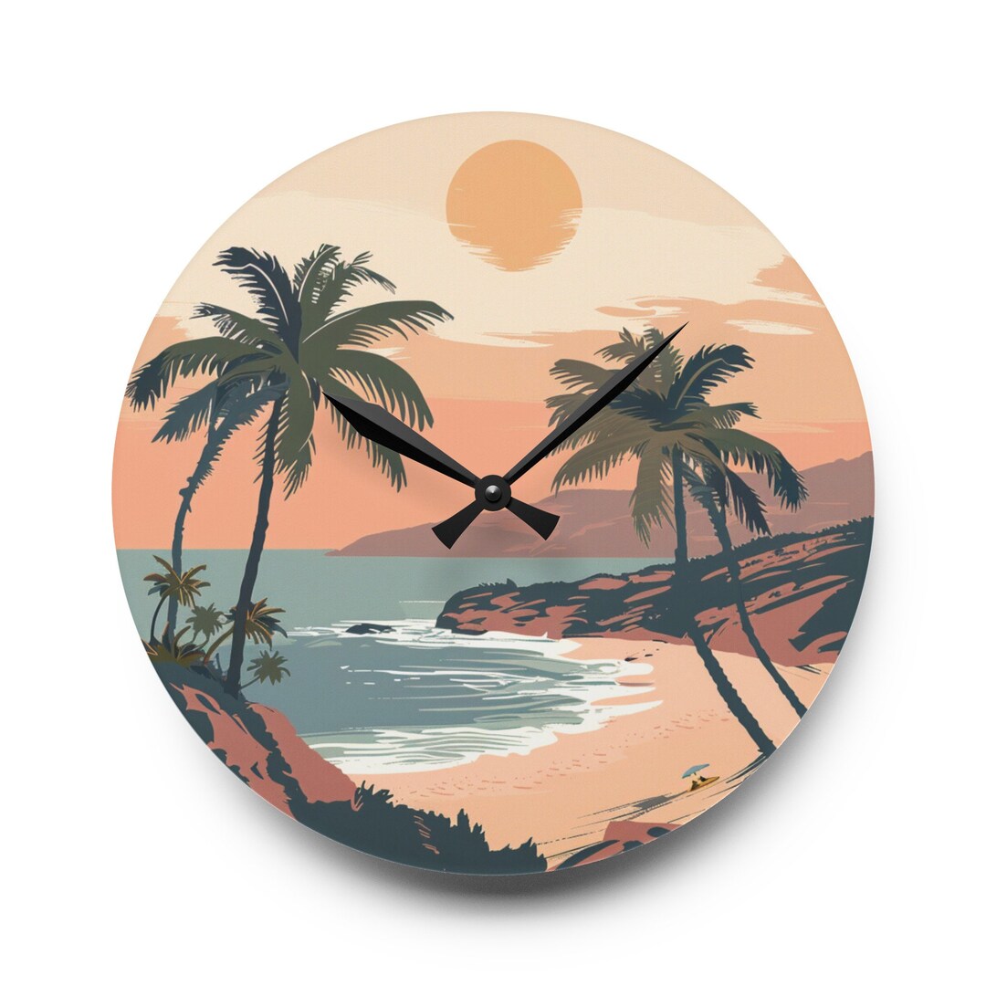 Beach Vibes, Boho Style Beach Landscape, Acrylic Wall Clock, Analog ...