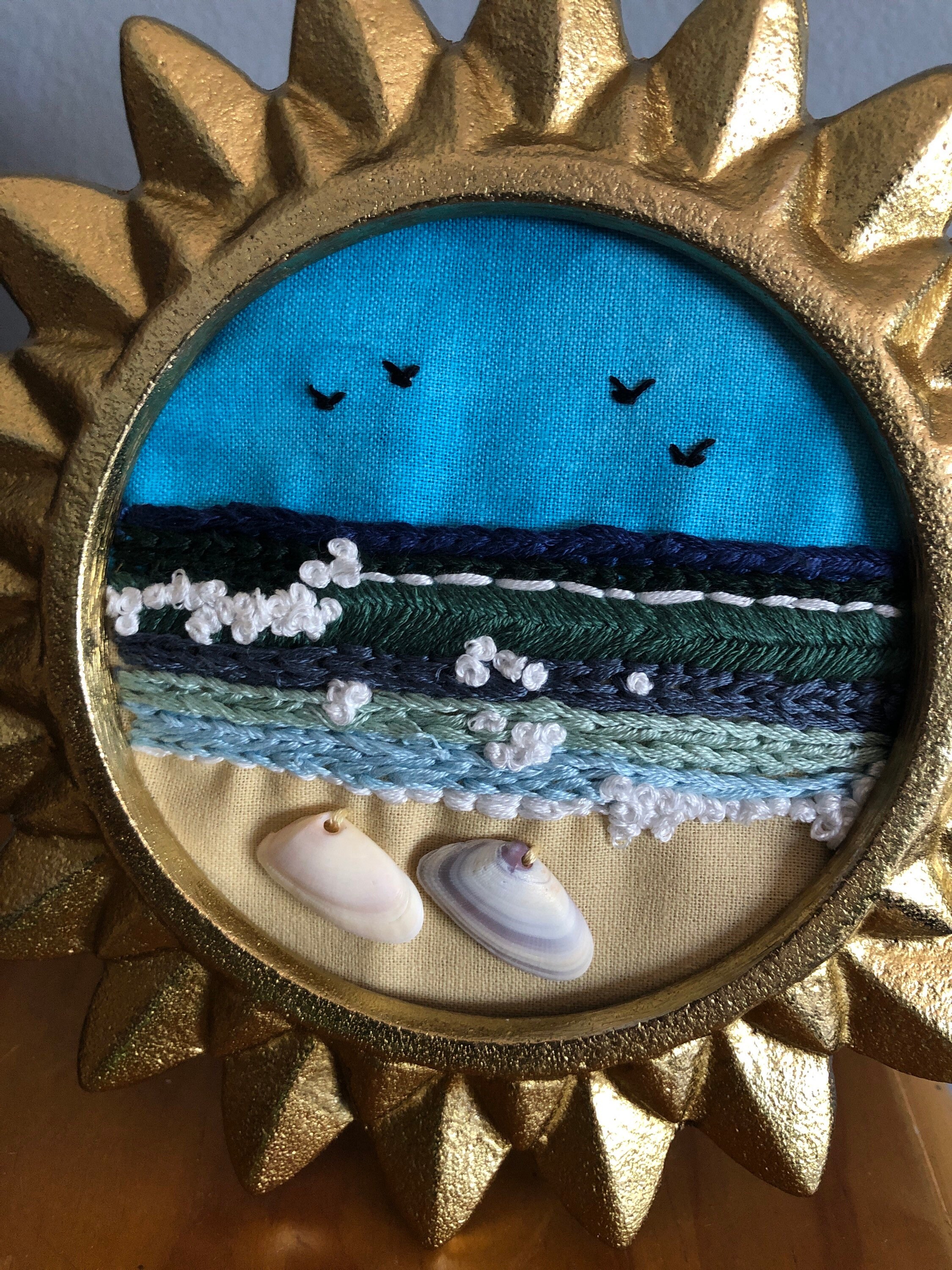 Hand Embroidered Beach Scene in Gold Sunshine Frame - Etsy