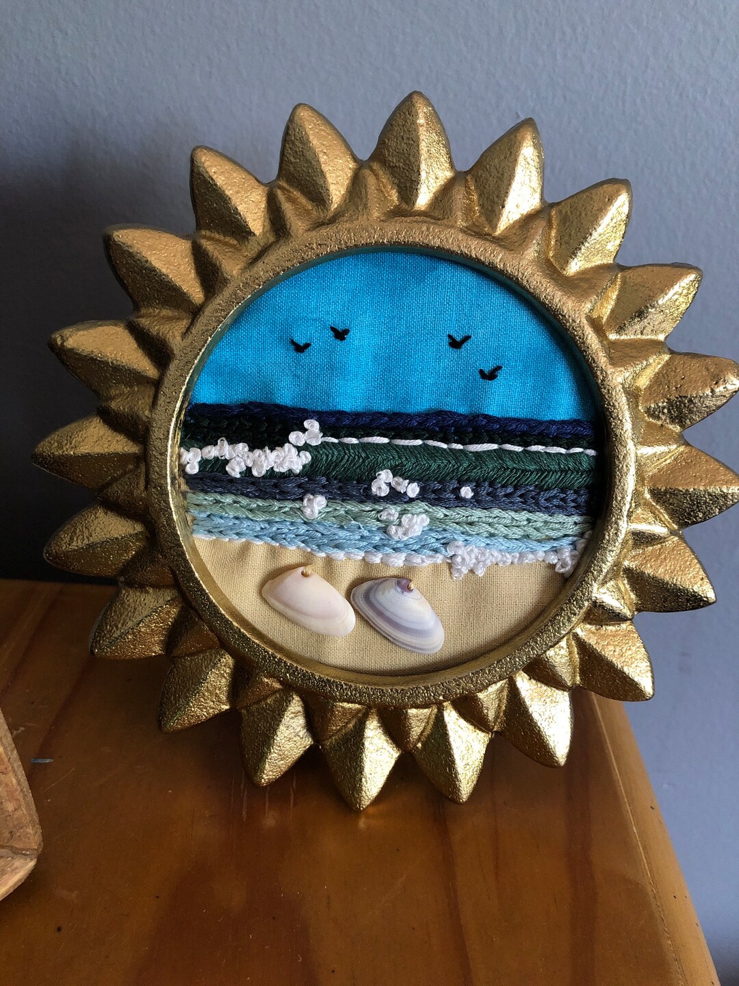 Hand Embroidered Beach Scene in Gold Sunshine Frame - Etsy