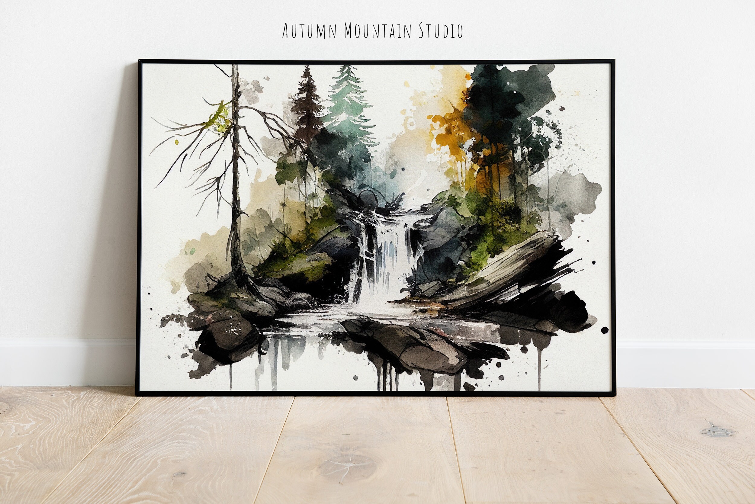 Waterfall Art Print Waterfall Watercolor Painting Natural Landscape Art ...