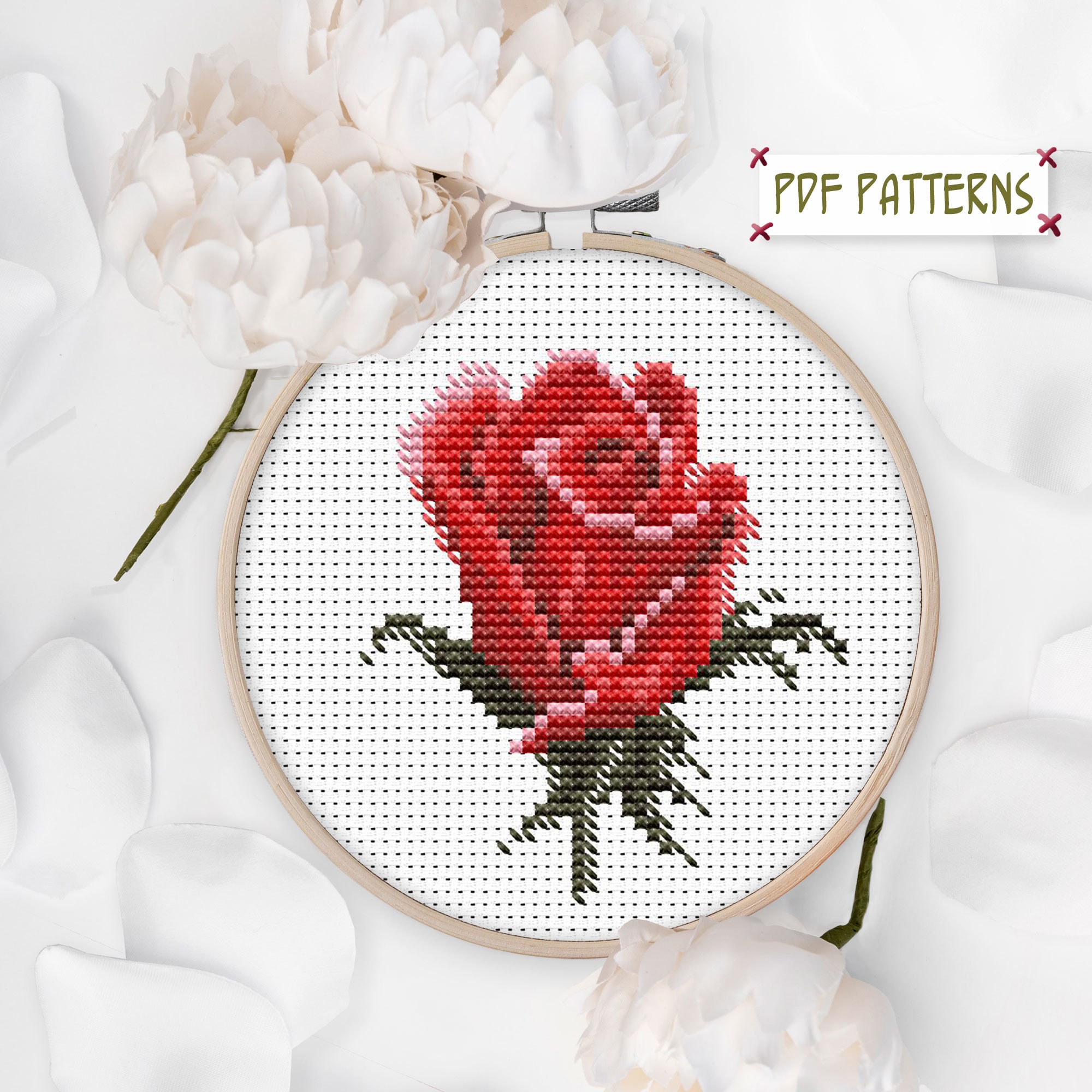 Red Rose Bud Cross Stitch Pattern, Floral Embroidery (PDF Download) - Etsy