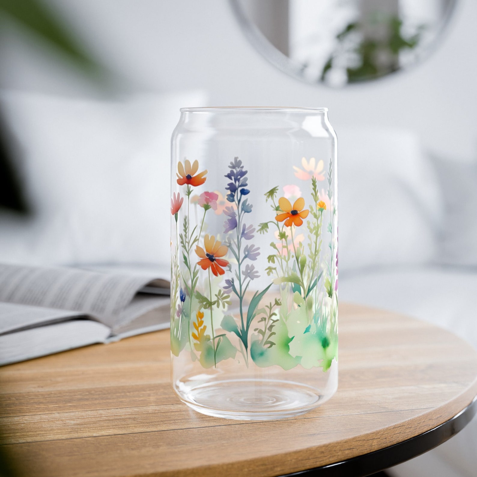 Personalized Wildflower Sipper Glass, 16oz Floral Glass Coffee Cup With ...