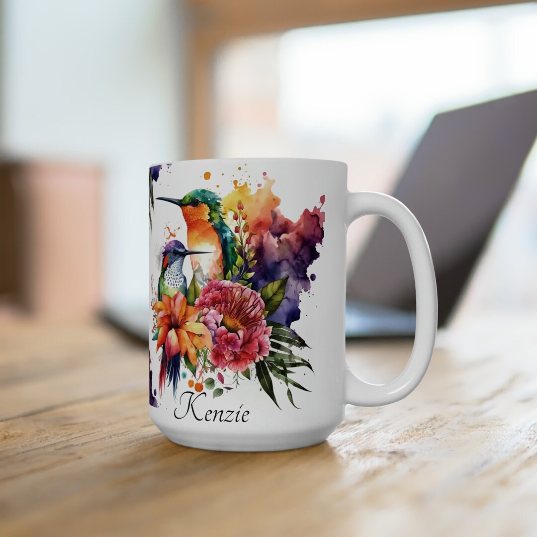 Hummingbird Watercolor Ceramic Mug 15oz, Hummingbird Coffee Cup, Bird ...