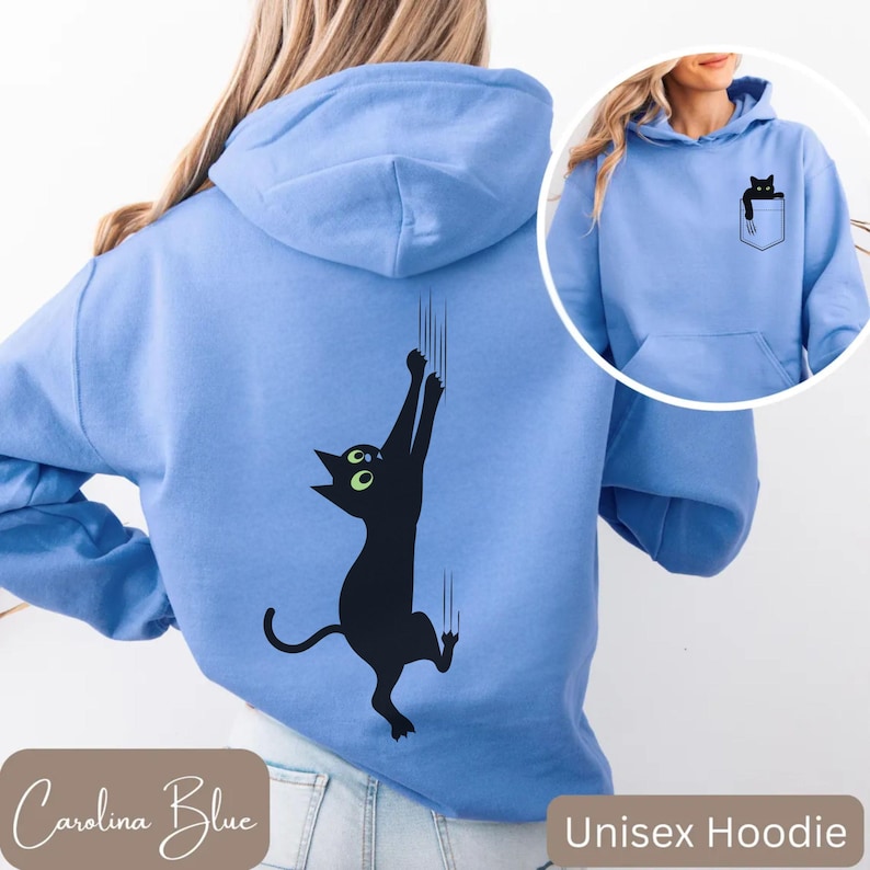 Black Cat Hoodie With Front & Back Print, Cute Climbing Cat Unisex ...