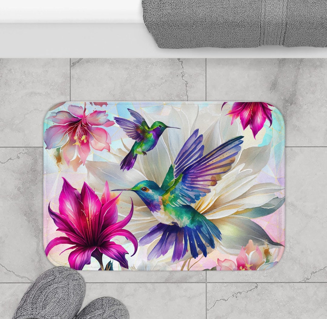 Hummingbird Floral Bath Mat, Hummingbird Lover Bathroom Rug, Bird Lover ...