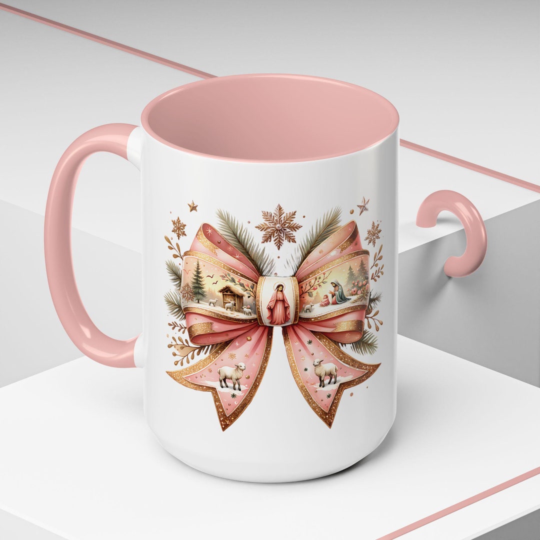 Coquette Nativity Scene Mug, Trendy Christian Coffee Cup, Bow Detail ...