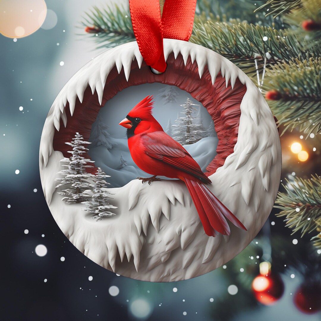 Winter Cardinal Acrylic Ornament With Ribbon, Optical Illusion Flat Non ...