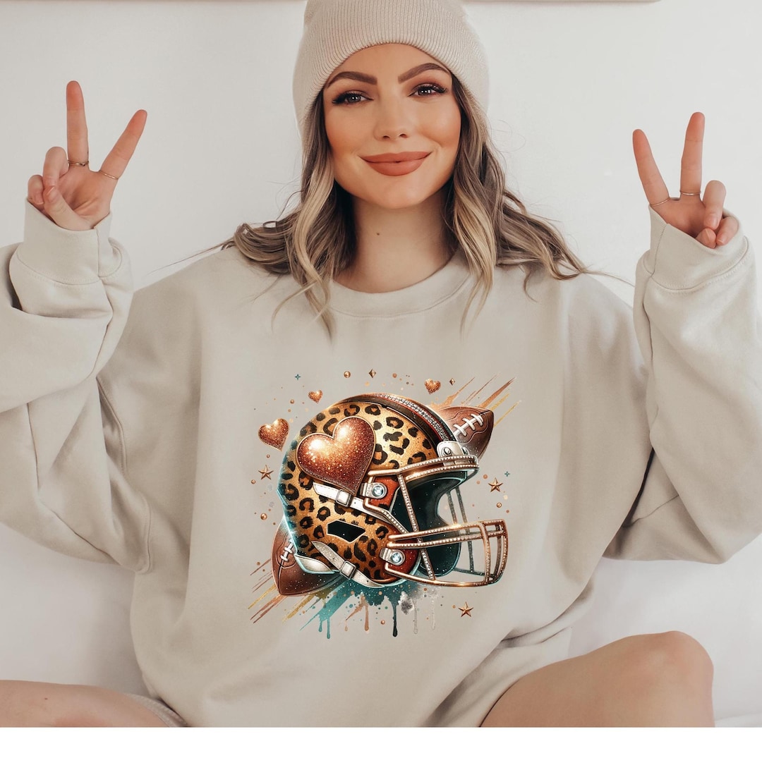 Leopard Print Football Helmet Sweatshirt, Women's Football Crewneck ...