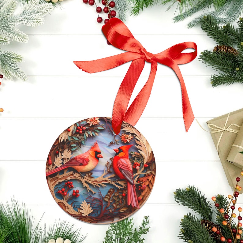 Cardinals Christmas Ornament With Ribbon, Flat Non-textured, Winter ...