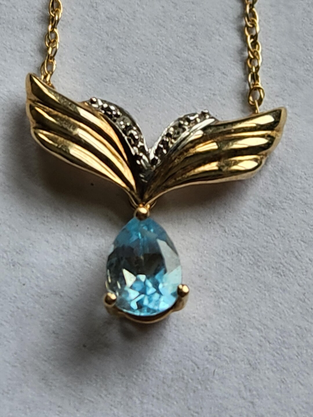 T&C 10K Solid Gold Chevron Wing Blue Topaz Diamond Accent Drop Pendant ...
