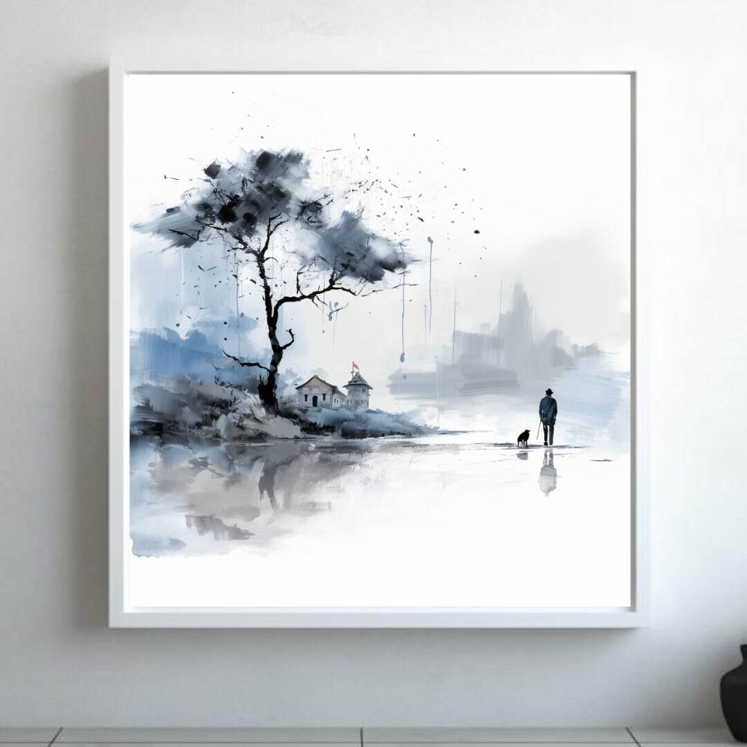 Minimalist Ink Art With a Man and Dog in Black Ink on a White ...