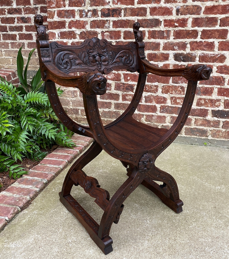 Antique Italian Savonarola Dante Chair Carved Oak Renaissance Lion ...