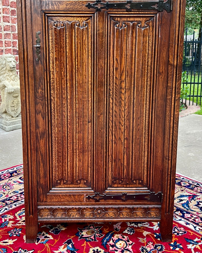 Antique French Armoire Wardrobe Cabinet Linen Closet Gothic Revival Oak ...
