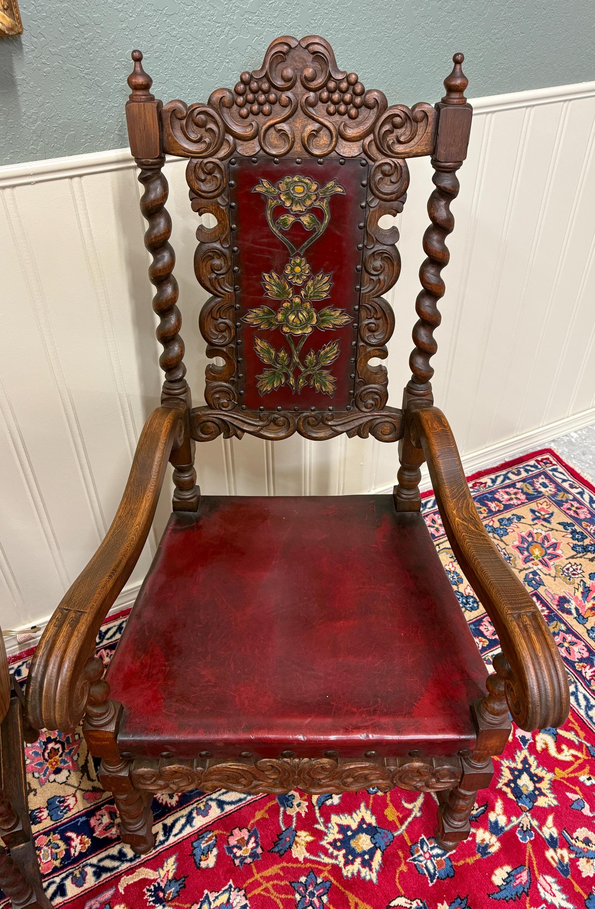 Antique PAIR Arm Chairs Louis XIII Tooled Red Leather Barley Twist ...