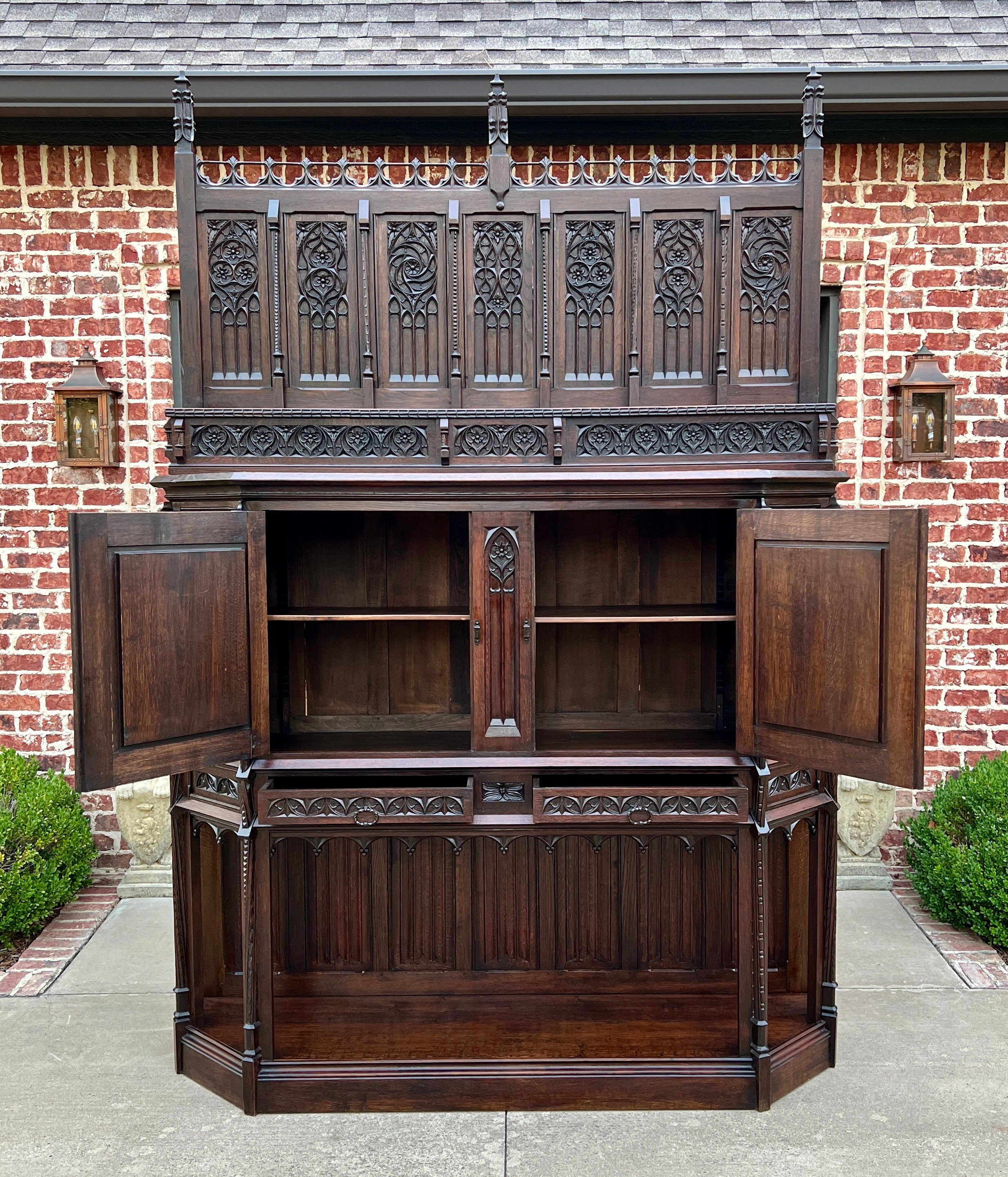 Antique French Gothic Cathedral Vestry Altar Wine Cabinet Bar Carved ...
