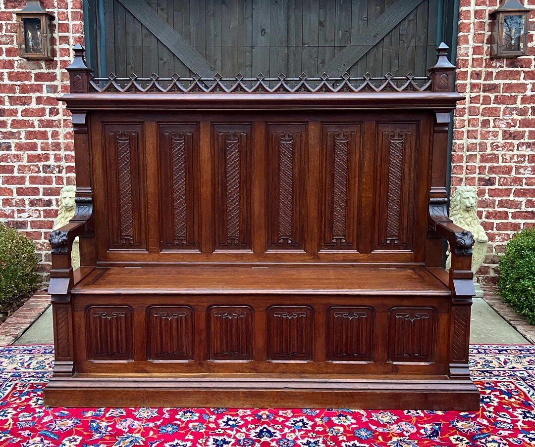Large Antique French Bench Settee Gothic Oak Tracery Lift Top Seat C ...