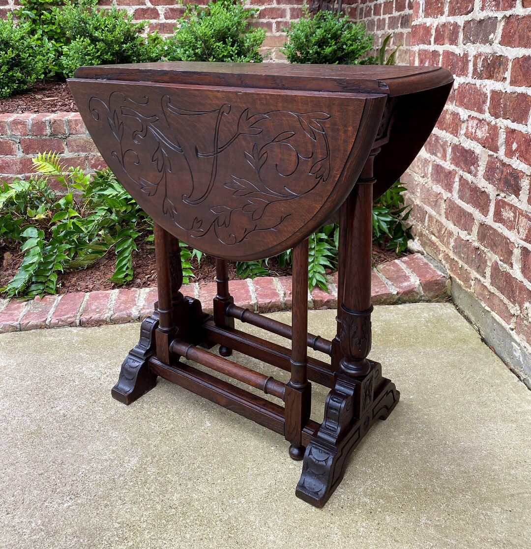 Antique English Table Drop Leaf Gateleg Turned Post Carved Top Trestle ...