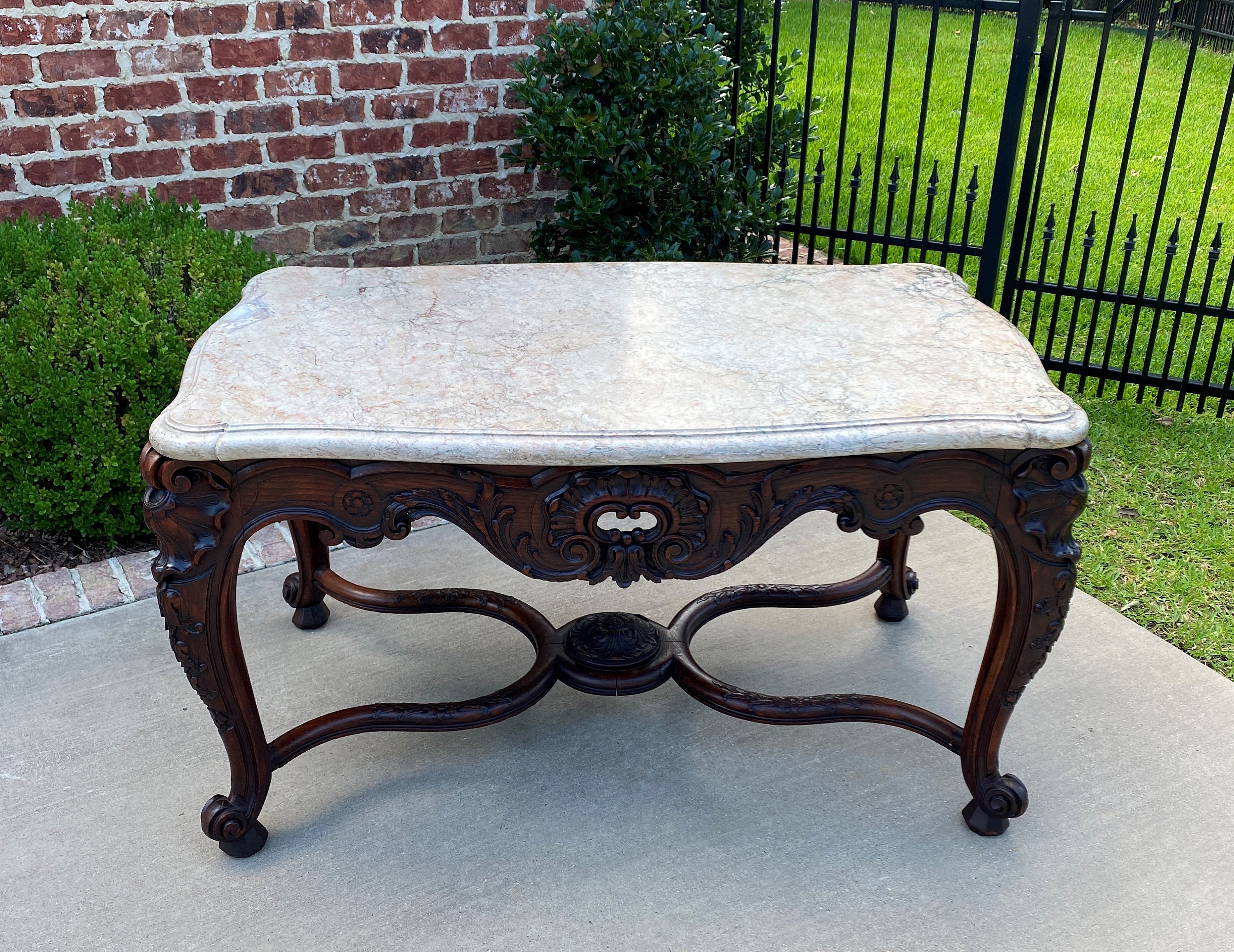 Antique French Console Entry Table Marble Top Carved Walnut Foyer Sofa ...