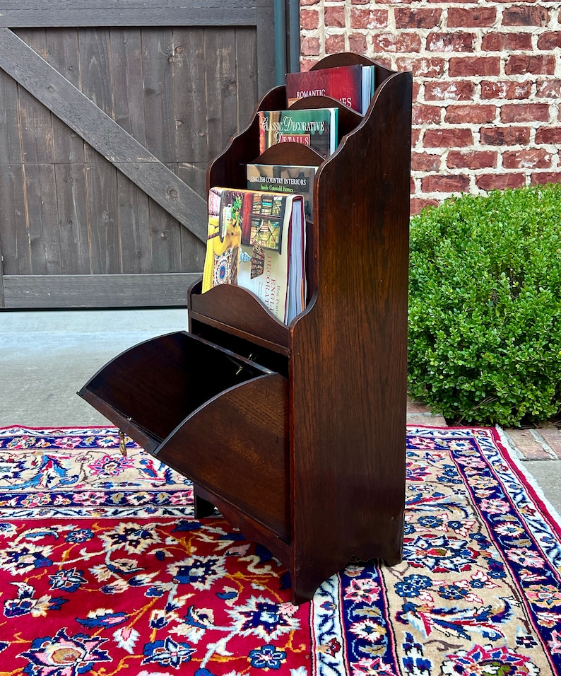 Antique English Book Magazine Rack Bookshelf Oak PETITE Storage Cabinet ...