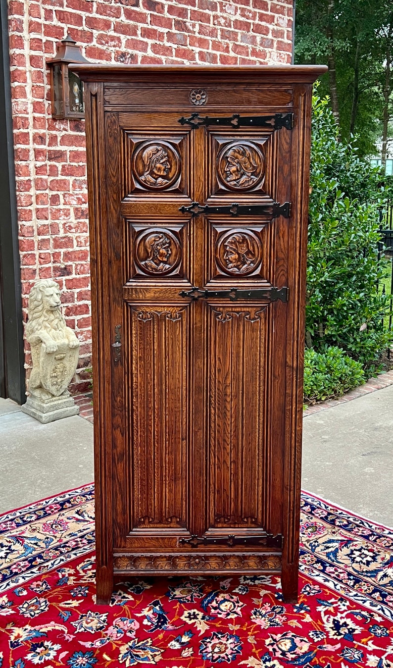 Antique French Armoire Wardrobe Cabinet Linen Closet Gothic Revival Oak ...