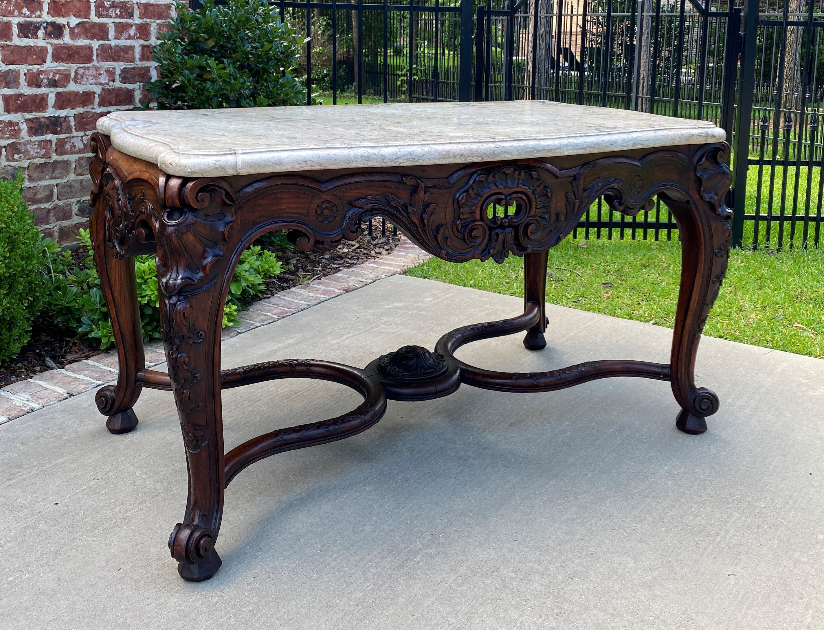 Antique French Console Entry Table Marble Top Carved Walnut Foyer Sofa ...