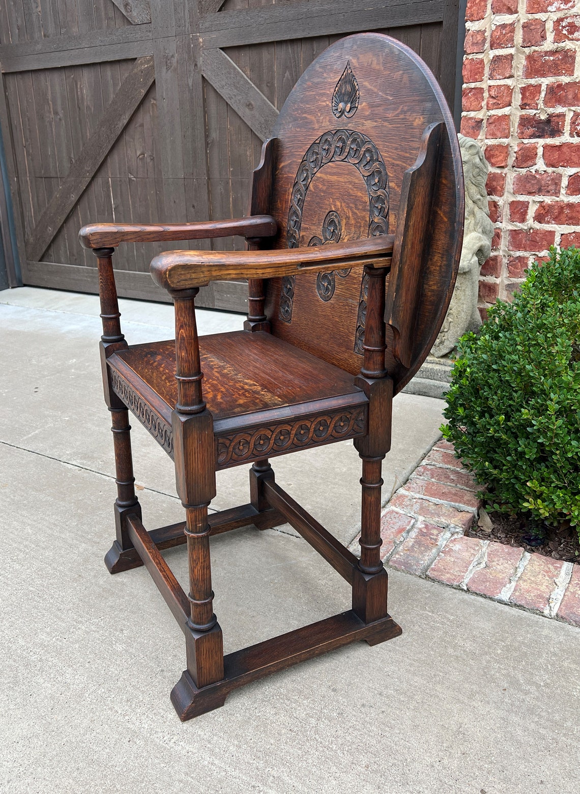 Antique English Monk's Chair Bench Oak Converts to Folding Table ROUND ...