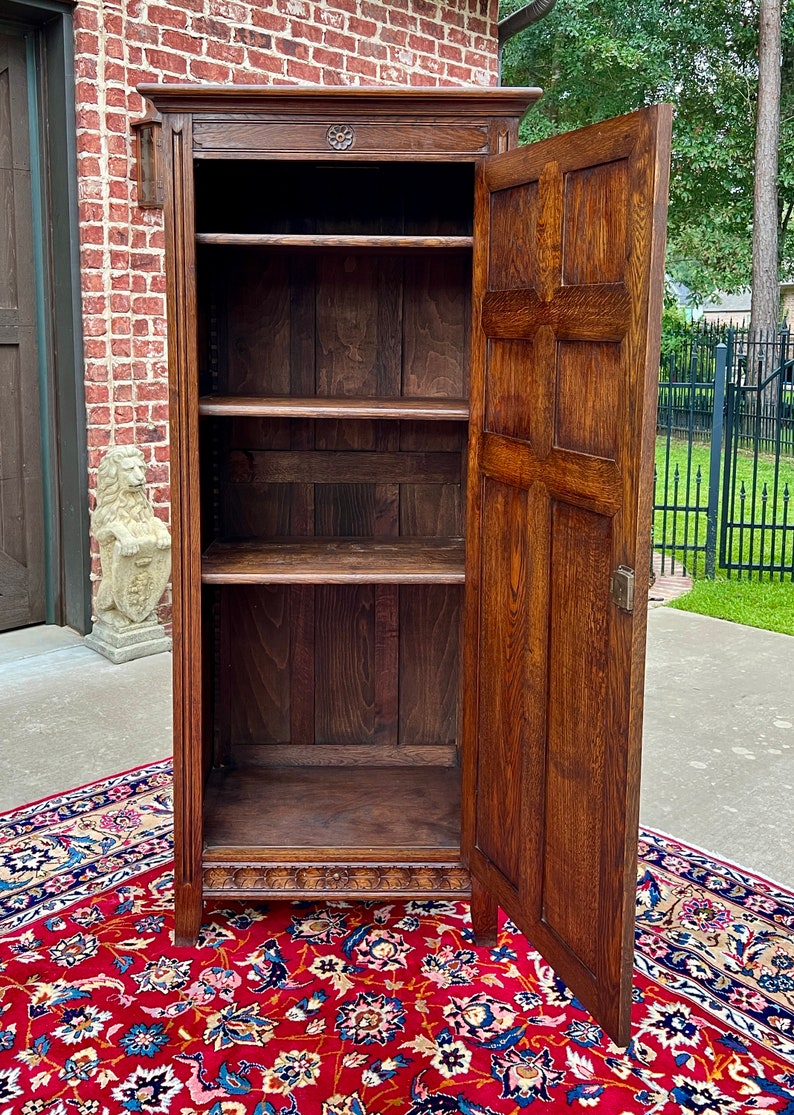 Antique French Armoire Wardrobe Cabinet Linen Closet Gothic Revival Oak ...