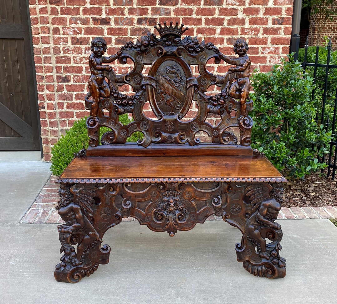 Antique French Bench Chair Settee Renaissance Revival Griffon Cherubs ...