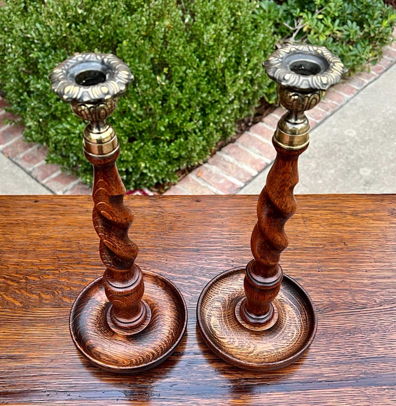 Antique English Barley Twist Candlesticks Candle Holders Oak PAIR 13.25 ...