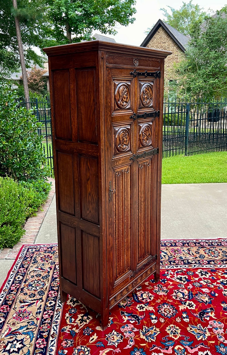 Antique French Armoire Wardrobe Cabinet Linen Closet Gothic Revival Oak ...