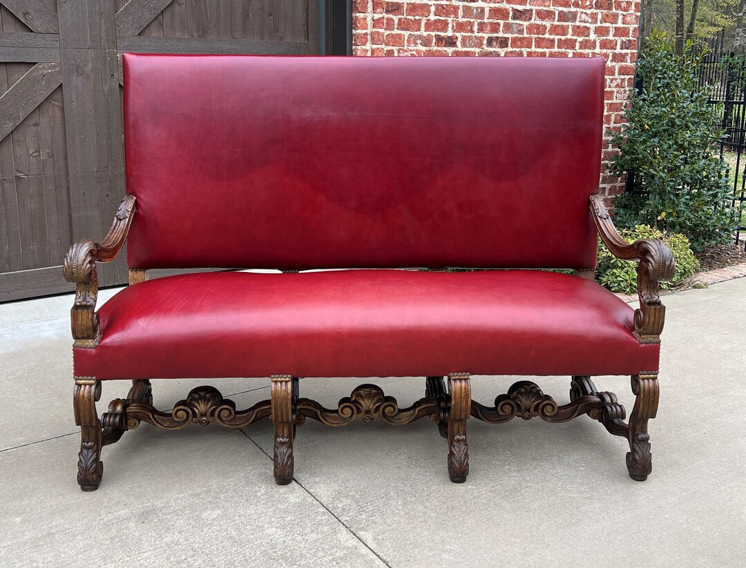 Antique Sofa Bench Settee Loveseat Ox Blood Red Upholstery Oak Rustic ...